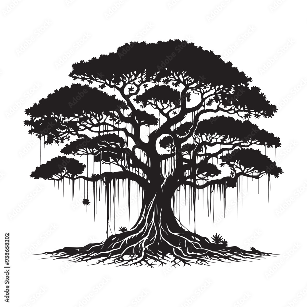 banyan tree silhouette in black color, banyan tree hand drawn vector ...