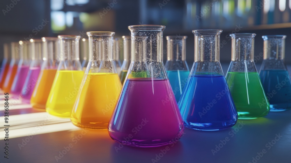 Colorful chemical solutions in laboratory glassware creating a vibrant ...