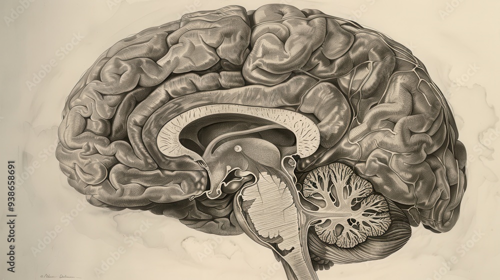 Detailed anatomical drawing of the human brain. Illustration showing ...