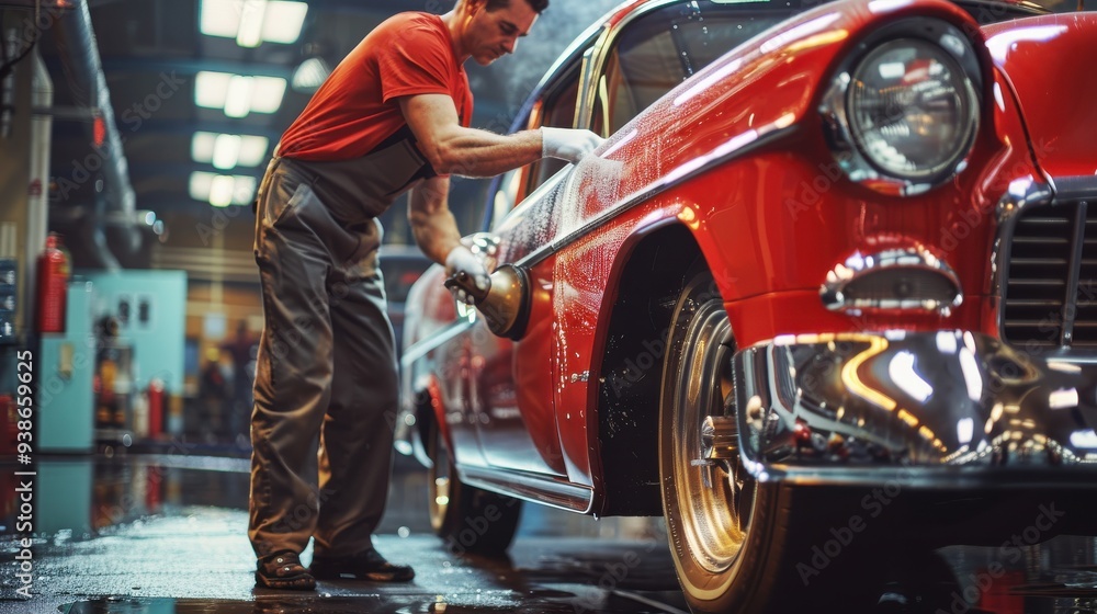 Mechanic polishing a vintage red car in a garage, showcasing detailing ...