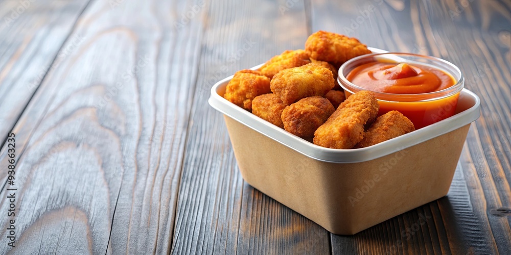 Fried sausage chunks with curry ketchup in takeout container, sausage ...