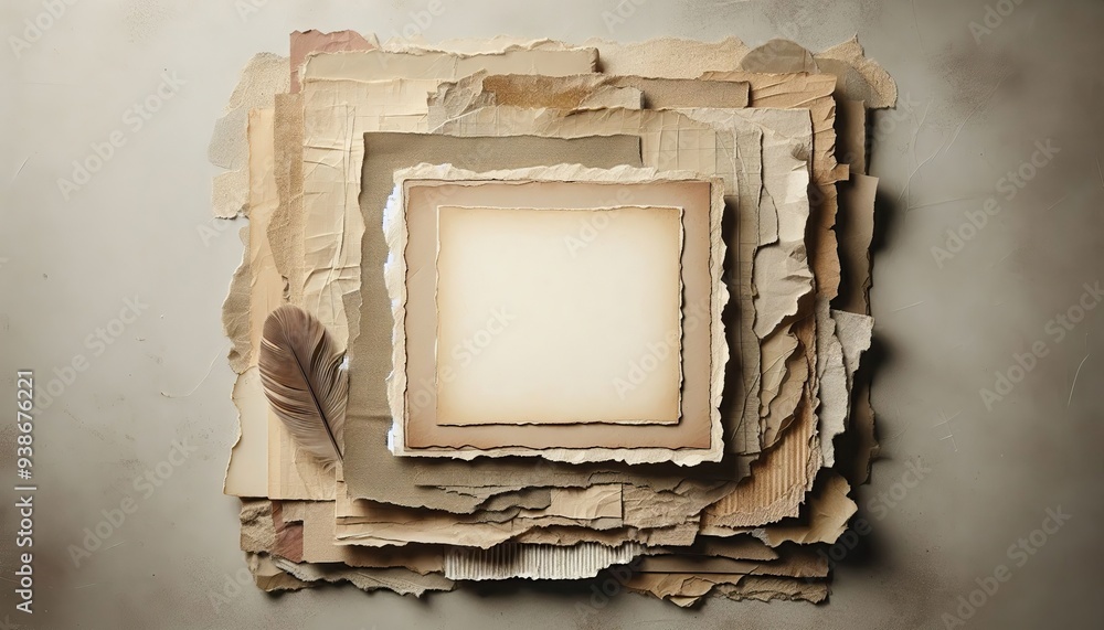 An empty, aged paper frame surrounded by layers of torn, textured paper ...
