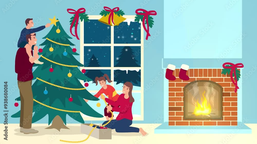 Cartoon animation of a happy family warmly gathering to decorate a ...
