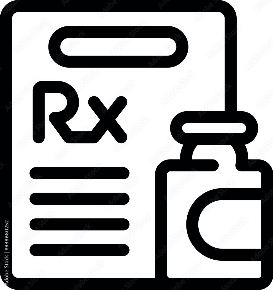 Line art icon of a medical prescription form with the rx symbol and a ...