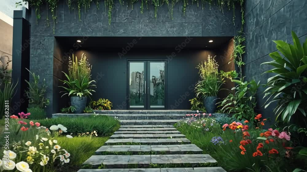 Video footage of modern house entrance with a symmetrical design, focal ...