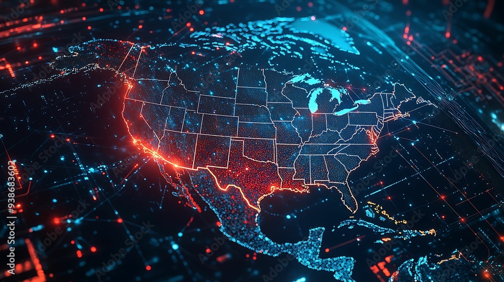 A glowing digital map of the United States displaying data points and ...