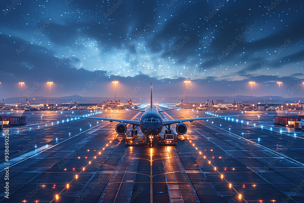 At night, under twinkling stars and soft glow of runway lights, a ...