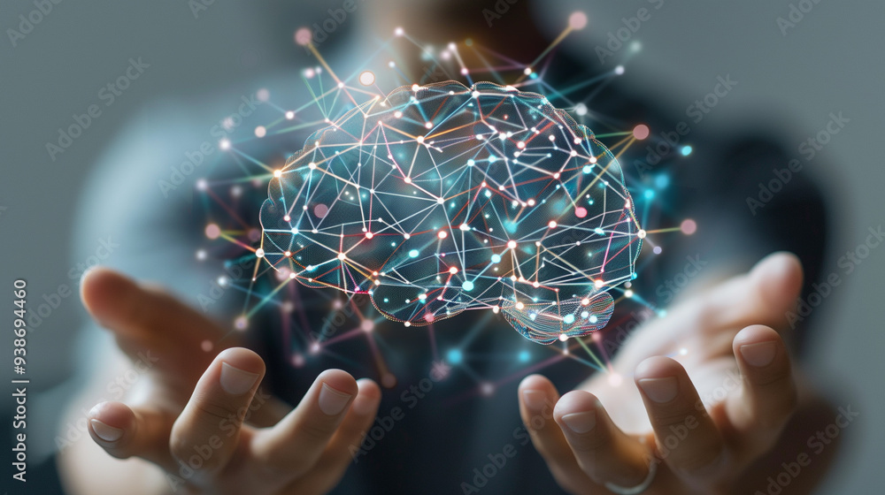 Human hands holding a digital brain with neural network connections ...