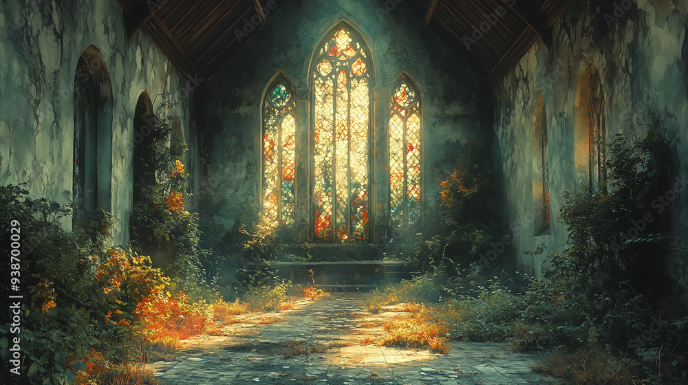 Forgotten Sanctuary: Sunlight streams through a stained glass window in ...
