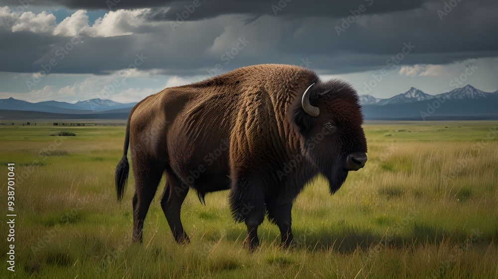Close-Up of A majestic American bison with a thick, dark brown coat ...
