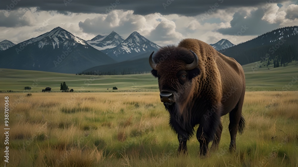 Close-Up of A majestic American bison with a thick, dark brown coat ...