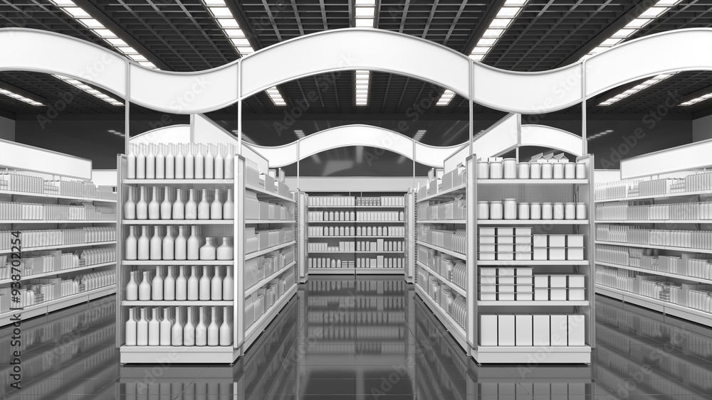 Supermarket interior mockup with shelving of blank goods, toppers and ...