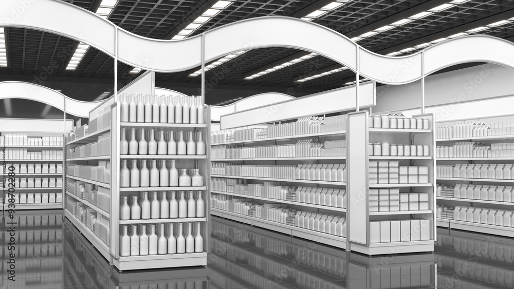 Supermarket interior mockup with shelving of blank goods, toppers and ...