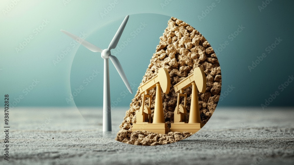 Minimalist design contrasting green energy with fossil fuels, featuring ...
