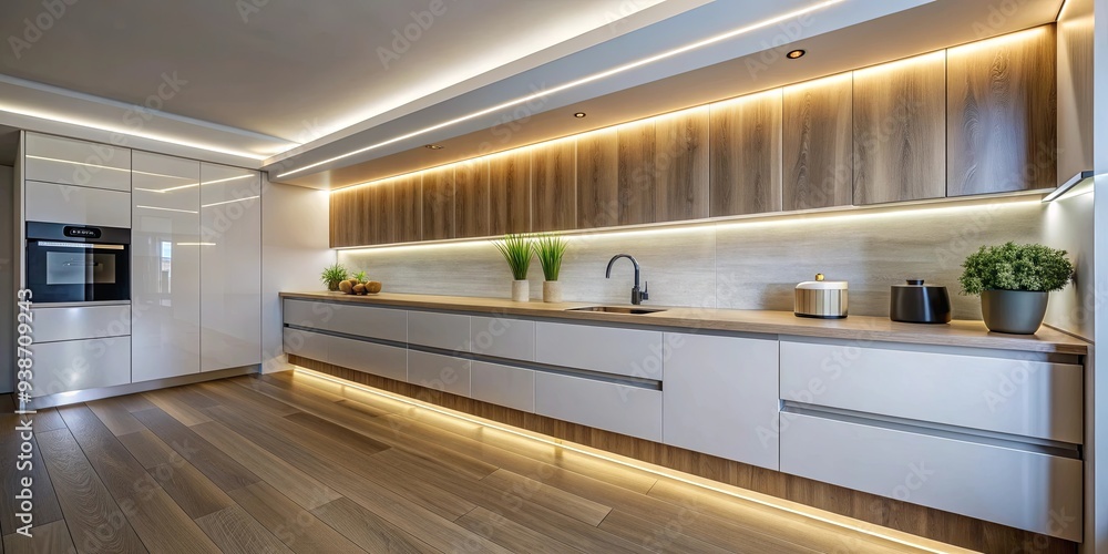 LED strip lighting enhancing the edges of a modern built-in, LED, strip ...