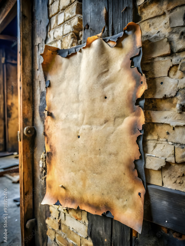 Weathered paper with torn edges, attached to a decaying wall, perfect ...