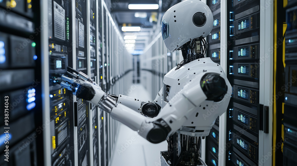 A robot working with servers in a data center, symbolizing automation ...