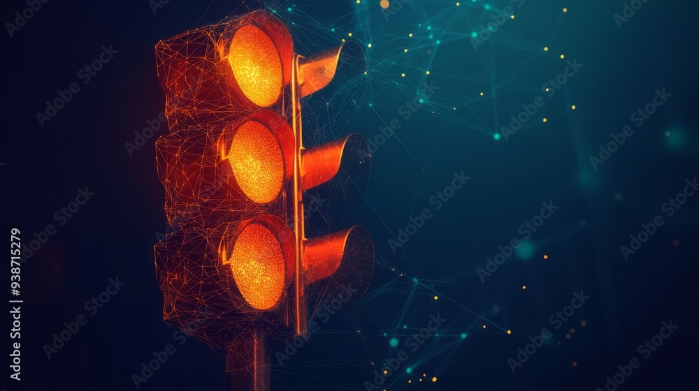 Orange traffic light low poly wireframe banner template. 3D get ready ...
