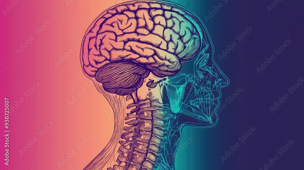 Brain and spinal cord anatomy on a bold-colored background, designed ...