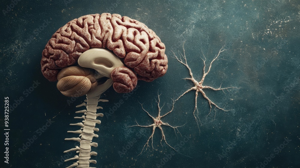 Brain and spinal cord anatomy on a neutral backdrop, designed for text ...