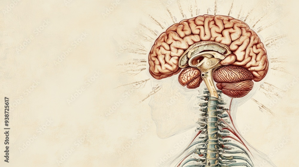 Brain and spinal cord anatomy on a neutral backdrop, designed for text ...