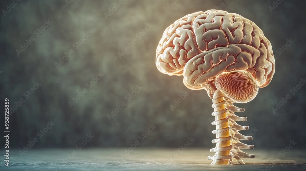 Brain and spinal cord anatomy on a plain background, designed for text ...