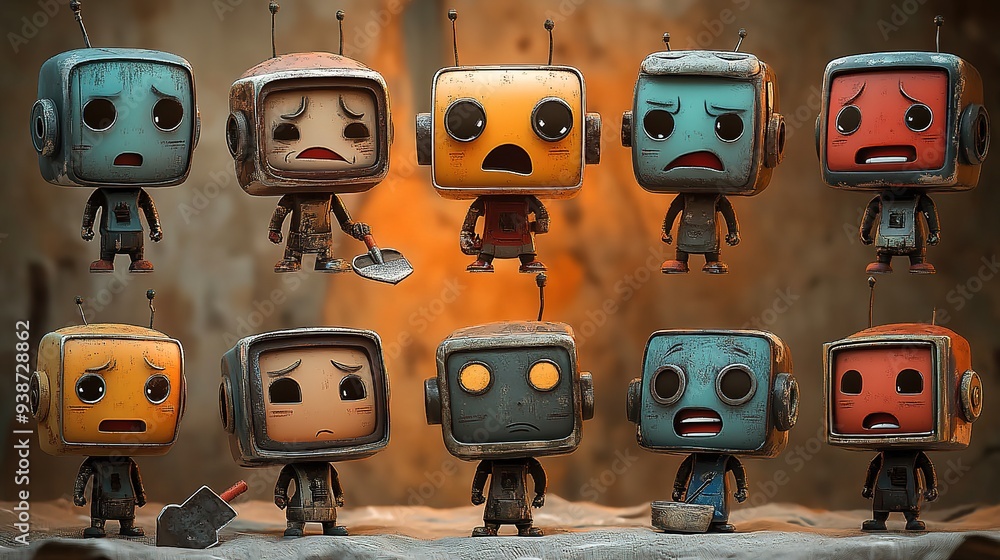 Collection of 15 Stickers Featuring a Cute Robot in Various Movements ...