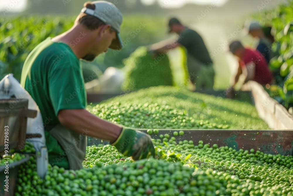 Farm workers harvesting and sorting green peas into bins during sunrise ...