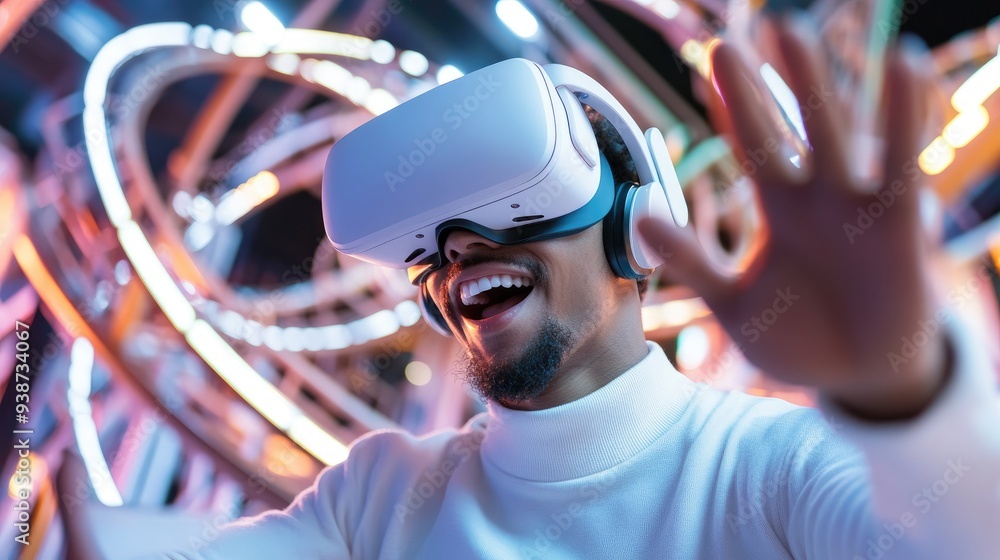 Man in VR headset experiencing a thrilling roller coaster ride in a ...