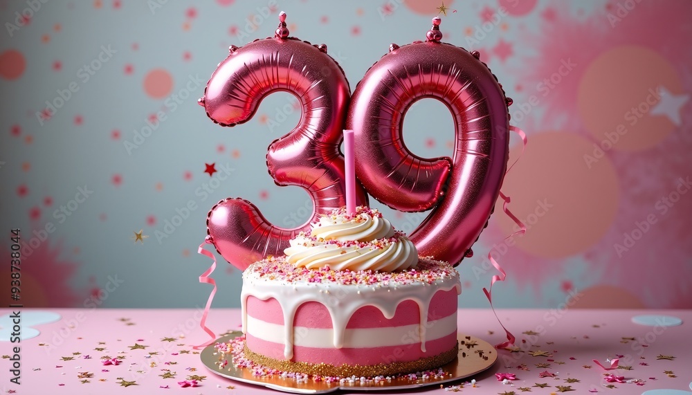 Number 39th Birthday Balloon Celebration Cake, Adorned with Sparkling ...