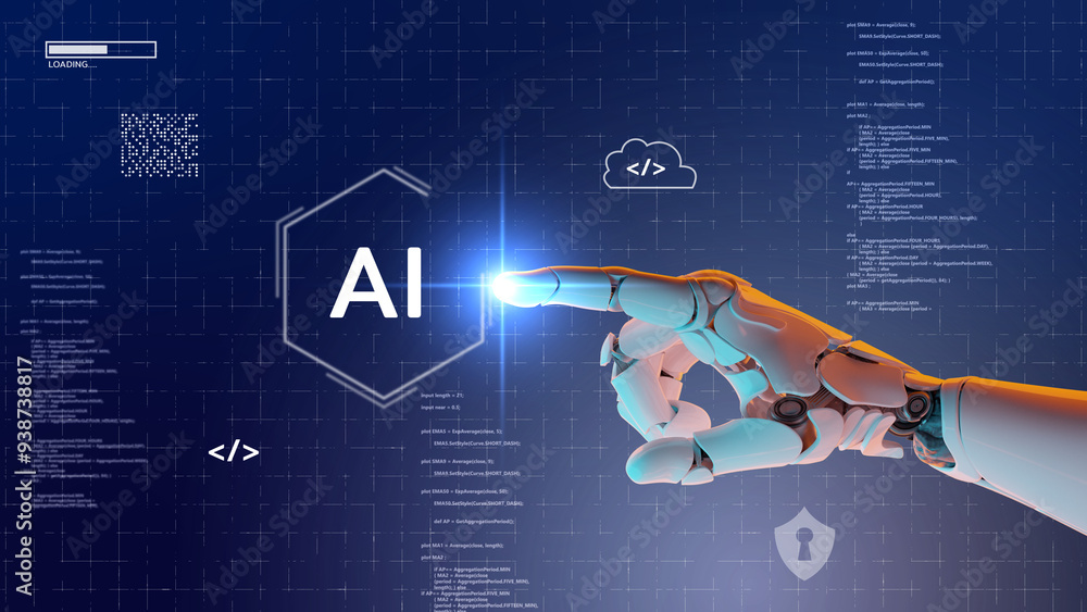 Robot hand close up, AI computer coding prompt cyber security computer ...