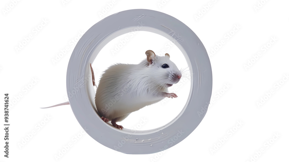 A rat runs happily in an empty, vertical white wood wheel with no ...