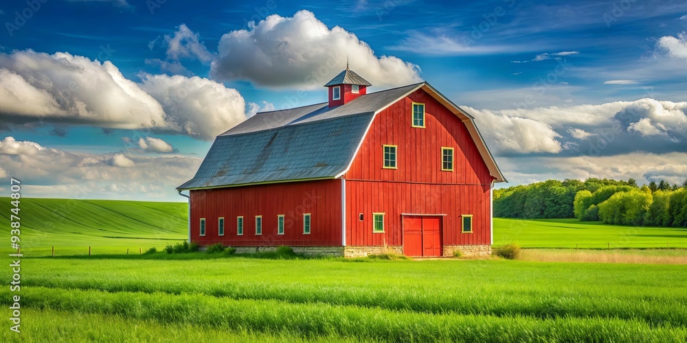 Red barn standing tall in a lush green field, barn, red, field, grass ...