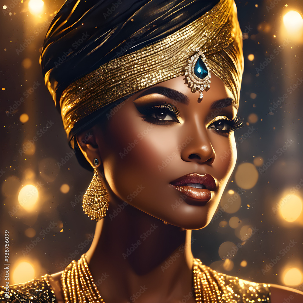 Witness the beauty of a woman with radiant ebony skin, dressed in a ...