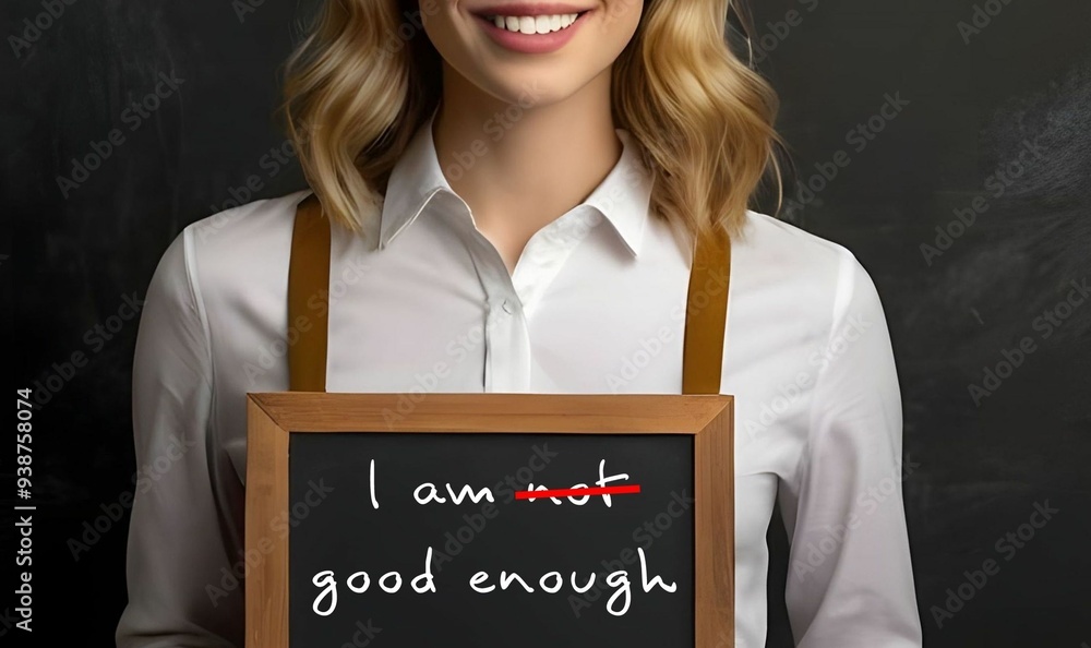 Woman holding chalkboard with text written I AM NOT GOOD ENOUGH ...