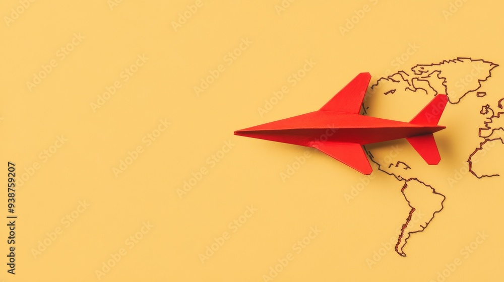 A 2D illustration of a world map with a paper plane flying over it ...