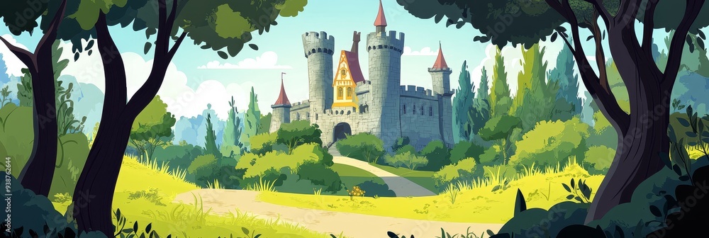 A charming cartoon illustration of a fairytale castle nestled amidst a ...