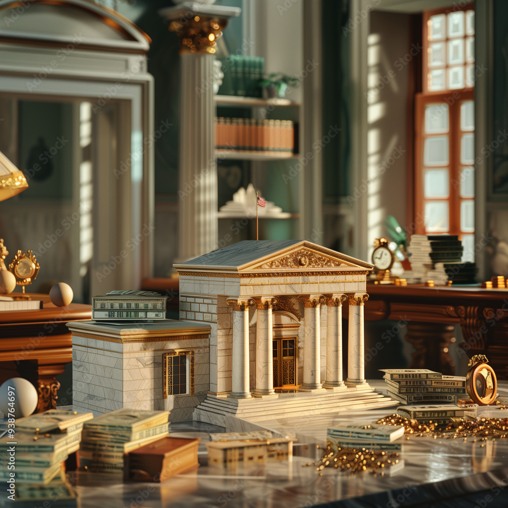 Miniature bank building is sitting on a desk surrounded by stacks of us ...