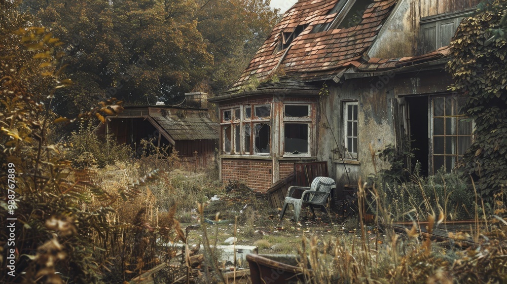 Design an image of a derelict house with shattered glass and a sagging ...