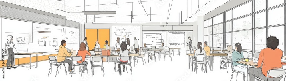 A sketch of a modern classroom setting featuring diverse students ...