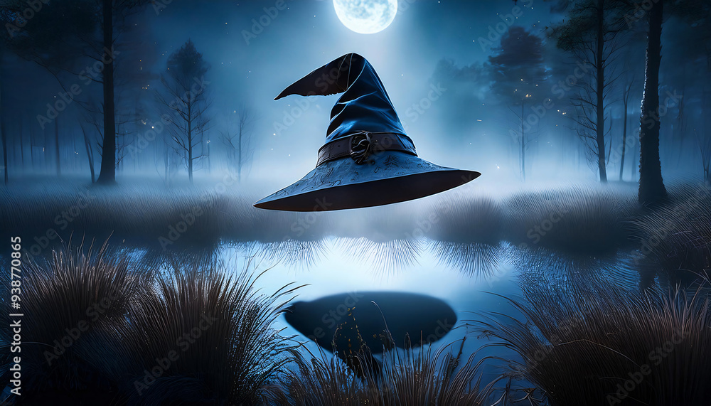 An old witch's hat floating above a misty swamp at night, with faint ...