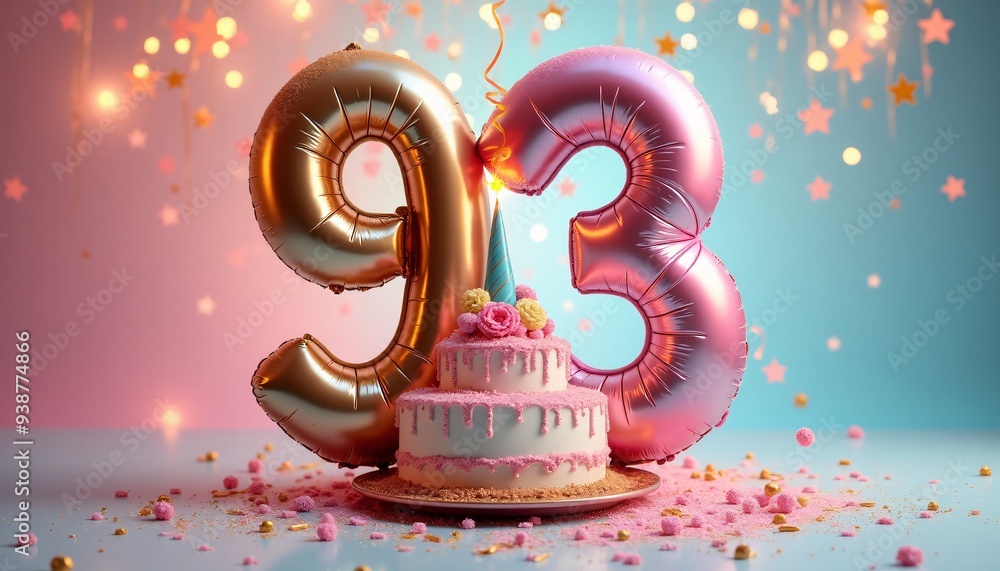 Number 93rd Birthday Balloon Celebration Cake, Adorned with Sparkling ...