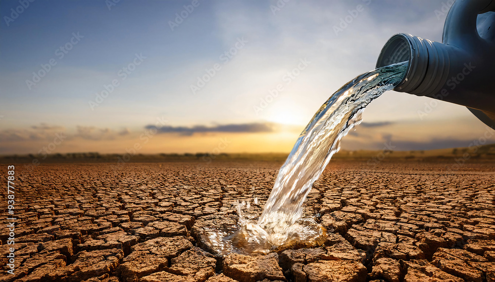 Water being poured into a drought-stricken soil, illustrating the ...