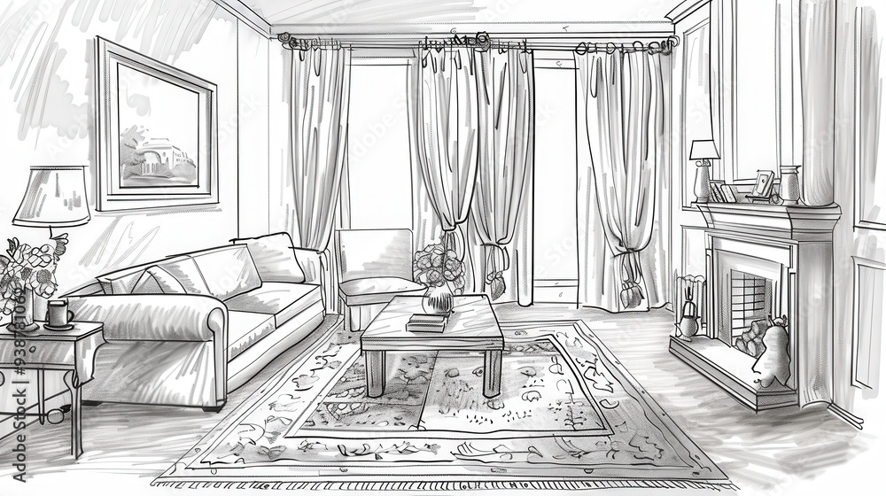 Draw a traditional living room in sketch format, highlighting a ...