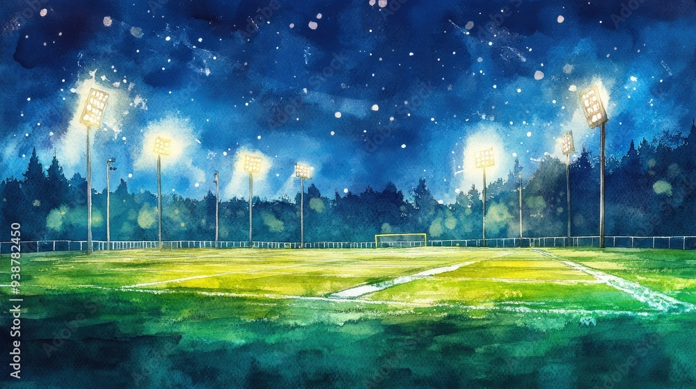 A vibrant watercolor scene of a football field under starry night ...