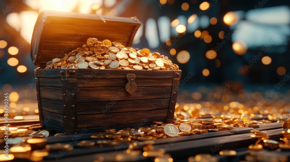 A treasure chest overflowing with coins and gems, pirate theme, 3D ...