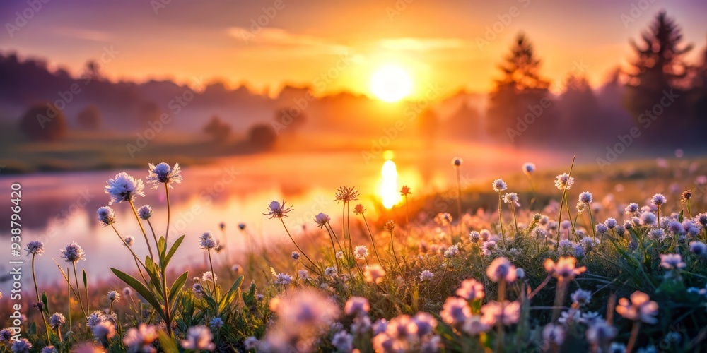 Morning's soft glow creeps over the horizon, bathing the landscape in a ...