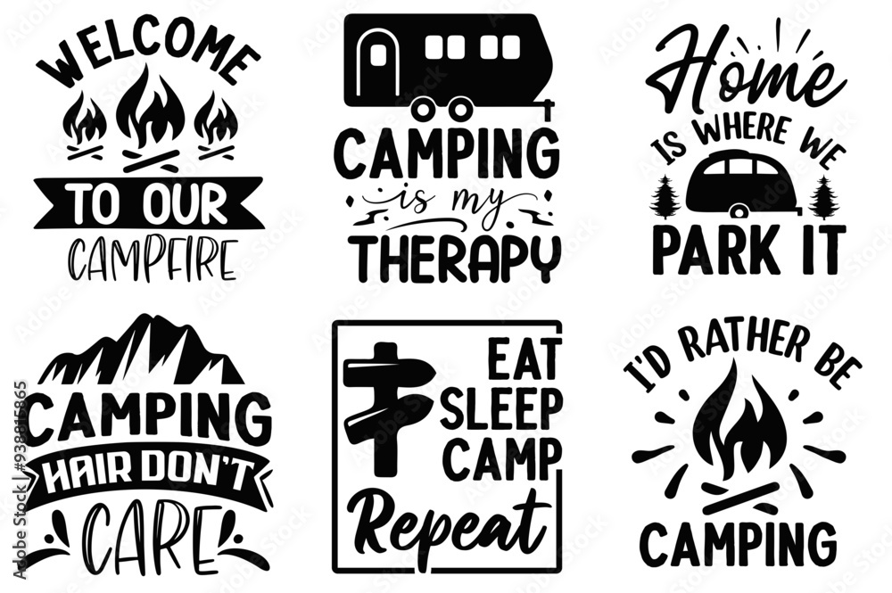 Cute Camping Quotes, Labels And Badges Bundle Vector Illustration for ...