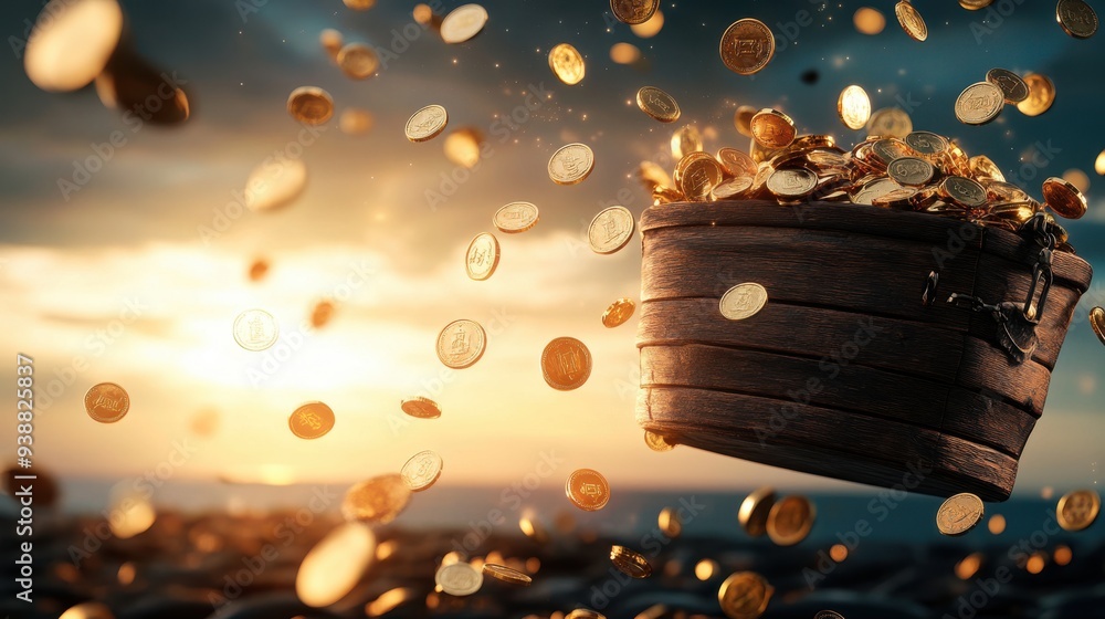 A treasure chest with holographic coins floating above it, pirate theme ...