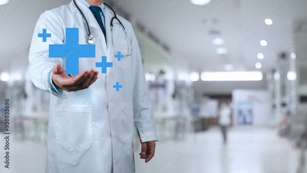 Doctor in white coat holding plus sign for assurance healthcare ...